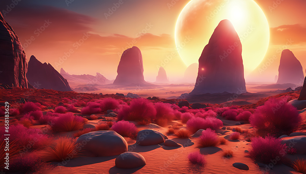 The art depicts an alien landscape with bizarre rock formations and ...