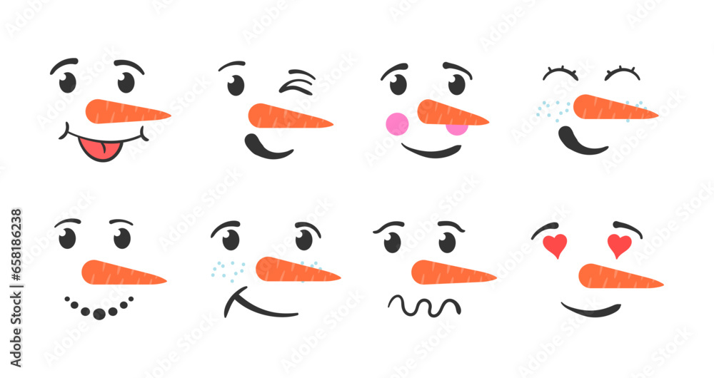 Cartoon funny doodle snowman head face with different emotions. Set of ...