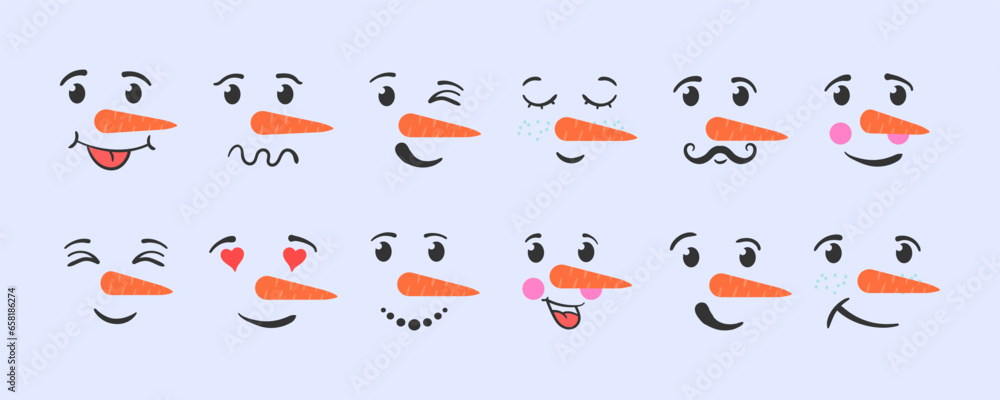 Cartoon funny doodle snowman head face with different emotions. Set of ...