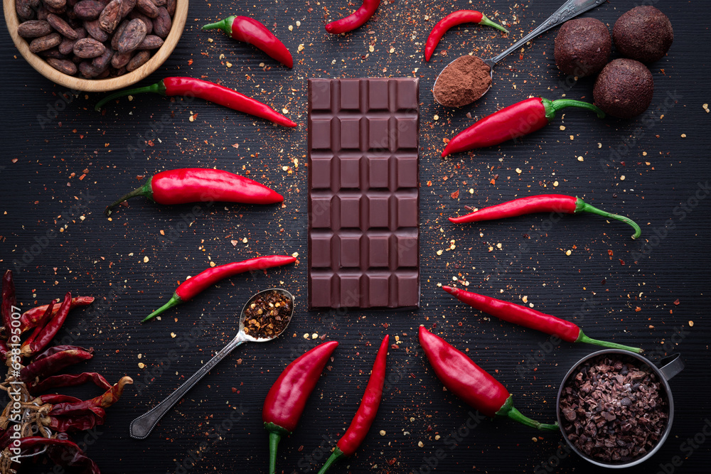 Dark chocolate bar, red hot chilli pepper cayenne, dry hot chili spices ...
