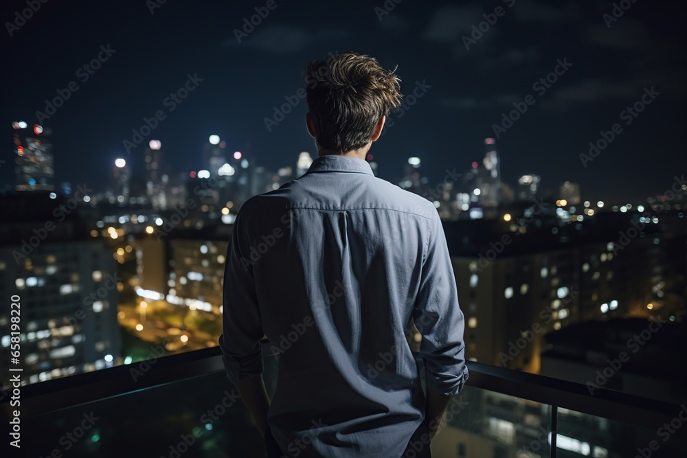 Someone, attired in a casual shirt and seen from behind, stands in a ...