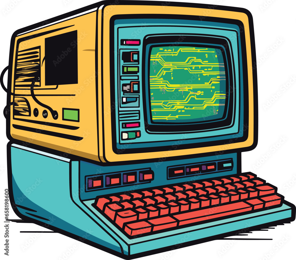 Cartoon retro computer monitor with keyboard. Retro vector kitsch ...