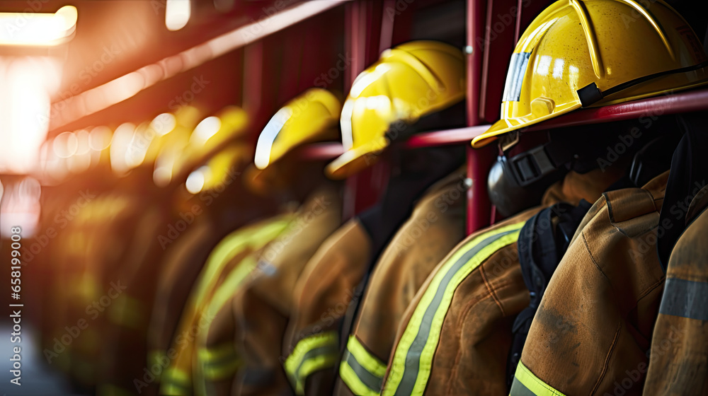 fireman suits and helmet in locker at work Stock Photo | Adobe Stock