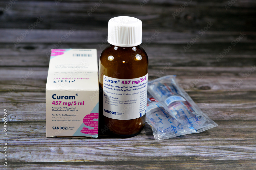 Cairo, Egypt, October 1 2023: Curam 457 mg per 5 ml (Amoxycillin 400 mg ...