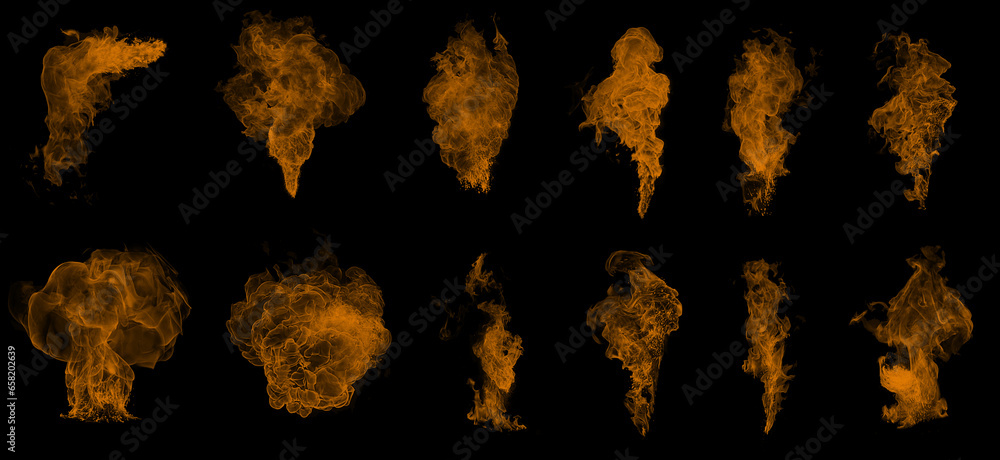 Fire flame collection overlay black background isolated. Royalty high ...