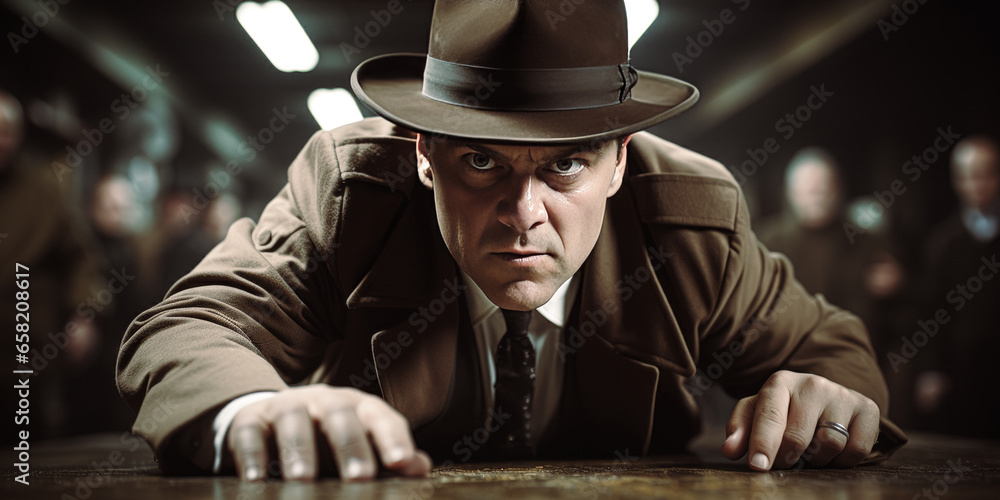 Intense female detective in tight trench coat interrogating, set ...