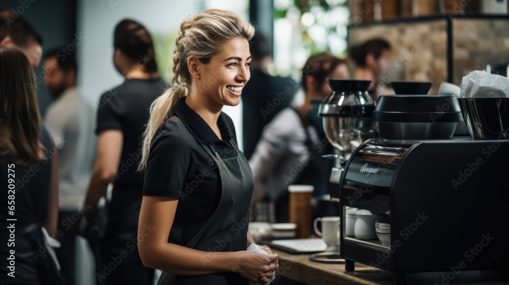 Smiling young cafe employee in an apron serves customers and talks to ...