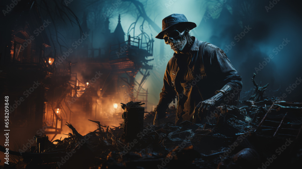 Eerie zombie construction worker with haunted mansion backdrop and ...