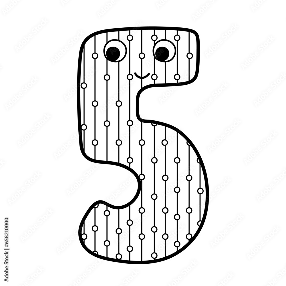 Cute number five character for kids in outline. Leaning numbers for ...