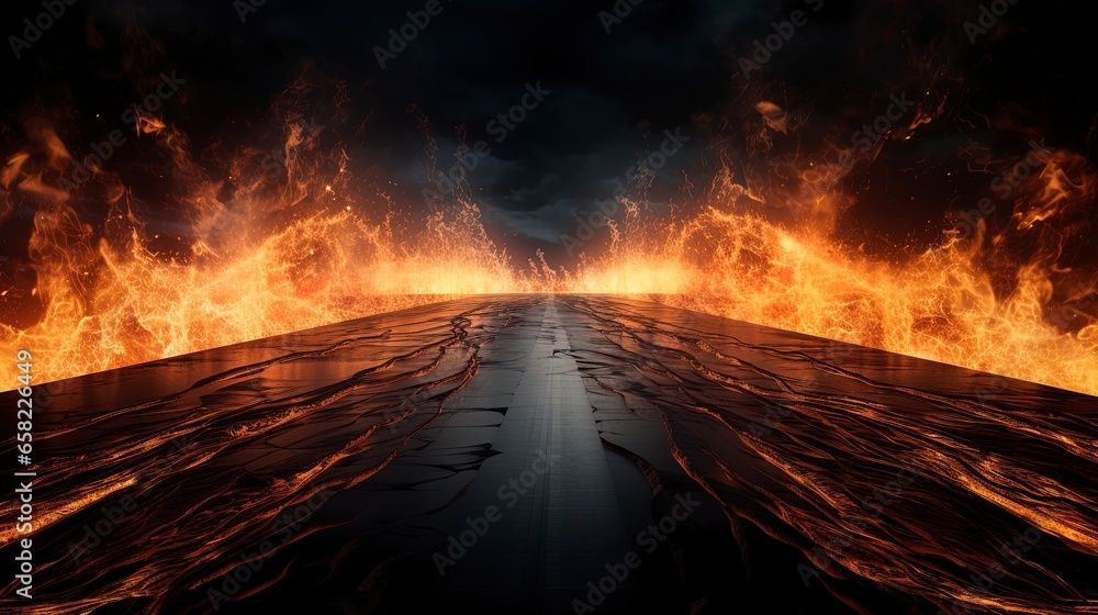 Abstract black background with wet long road on fire, blazing flames ...