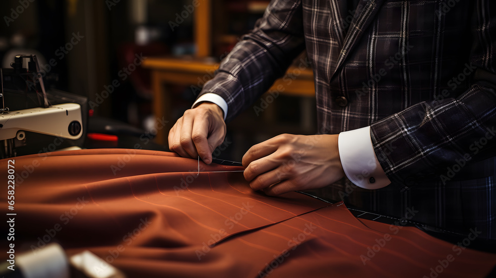 Showcase the hands of a skilled tailor expertly measuring, cutting, and ...