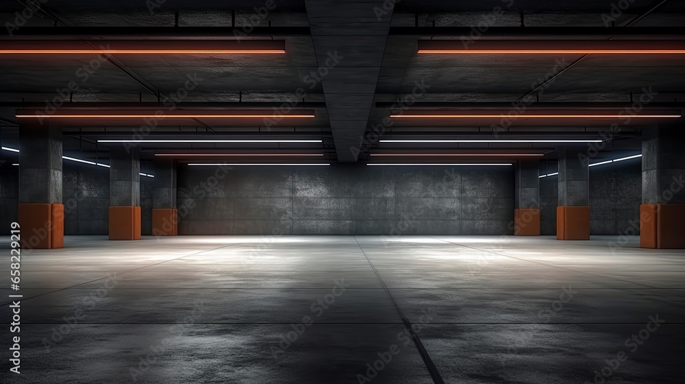 Empty dark underground tunnel, garage, corridor, warehouse with cement ...