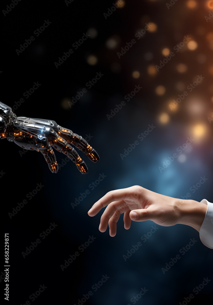 Roboterhand und menschliche Hand greifen nacheinander, vertikaler ...