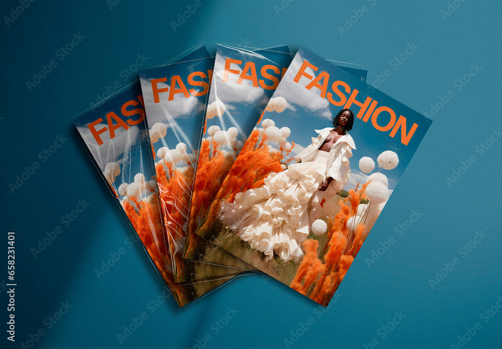 Realistic Top View A4 Magazine Covers Mockup with Plastic Wrapping ...