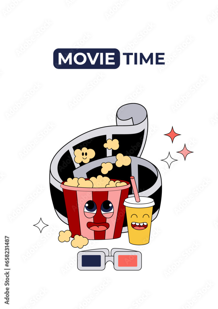 Movie time concept poster, banner. Popcorn, drink groovy characters in ...