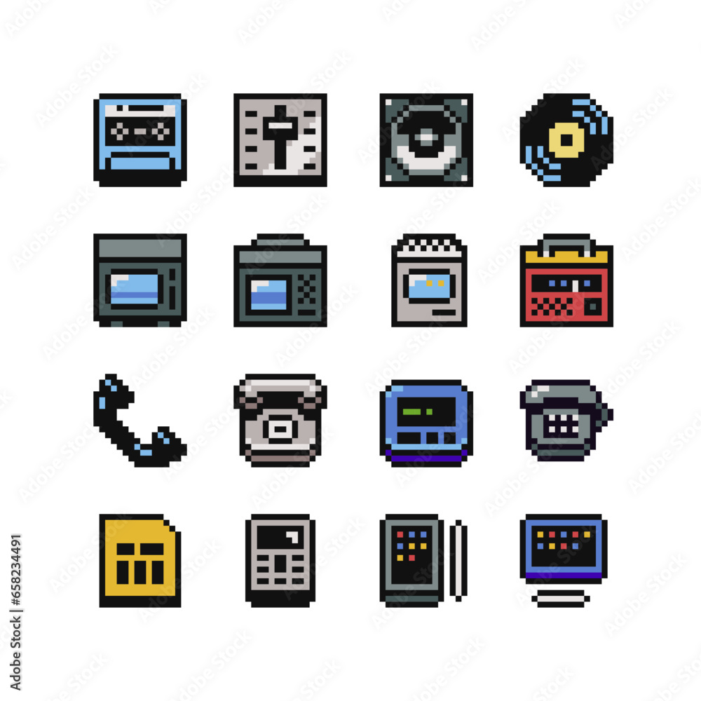 Retro devices pixel art icon old set school 80s flat style, radio, CD ...