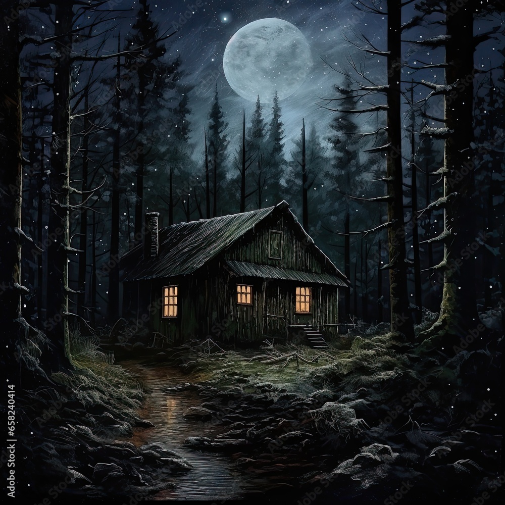 Mysterious Cabin In The Woods Under Full Moon, Generative AI Illustration Stock Illustration ...