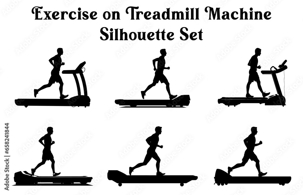 Man doing Exercise on Treadmill Machine, Set of Spin Bike Silhouette ...