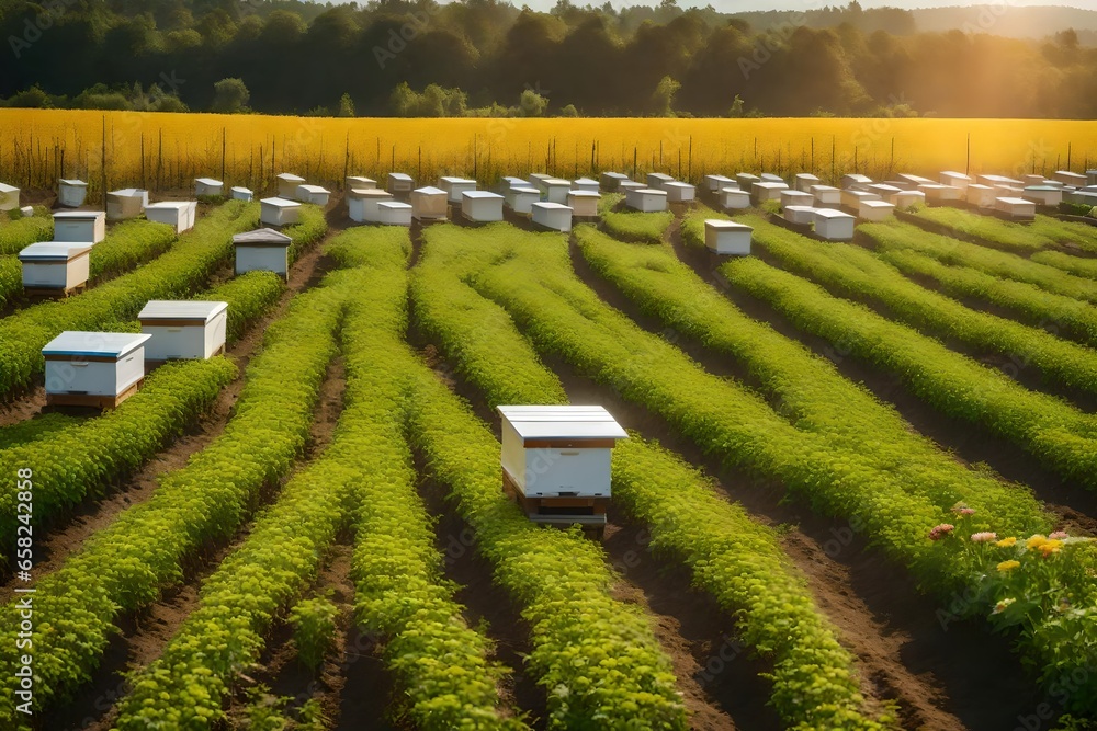Beautiful land with honey bee hives and flowers and rows of beans - AI ...