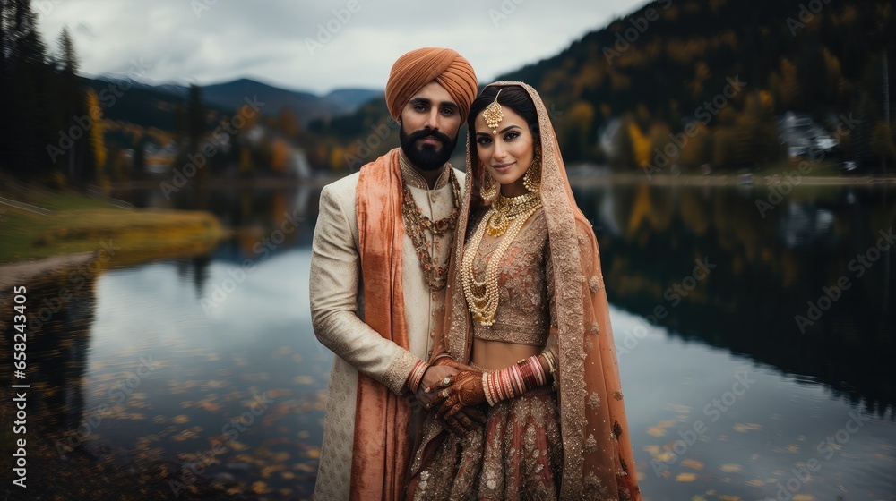 Sikh Indian Punjabi Bride and Groom in Traditional Orange and Ivory ...