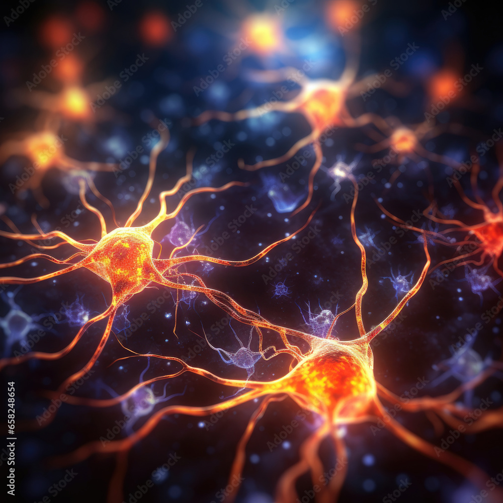 Neurons cells .close-up of a human brain, with the focus on an ...