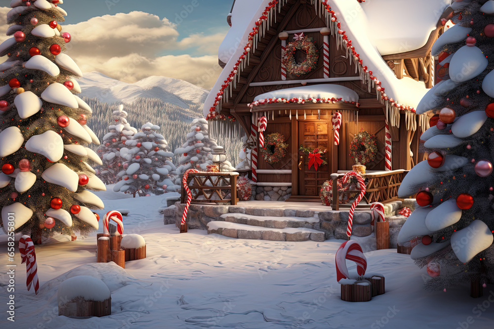 Christmas house in the forest with candies and winter holiday ornaments ...