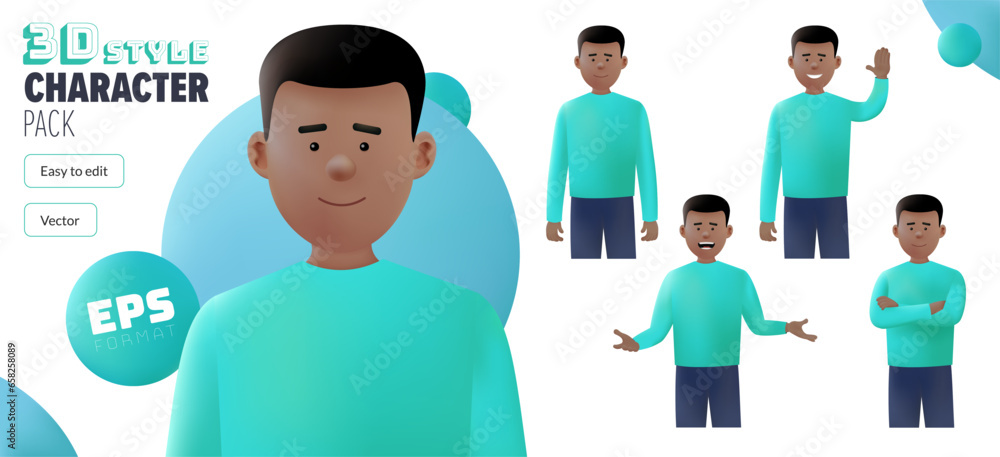 Editable 3D EPS black male vector character in a set of multiple poses ...