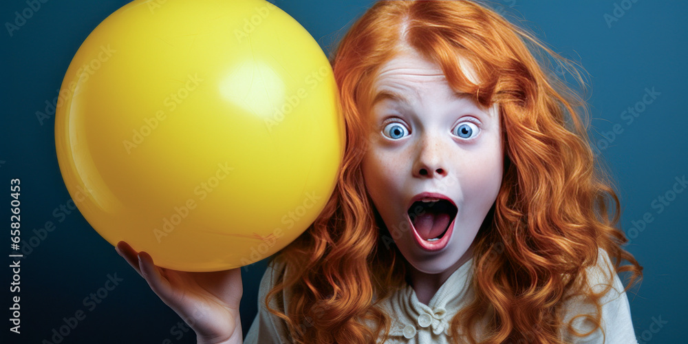 Playful red-haired girl making a goofy face with a yellow balloon ...