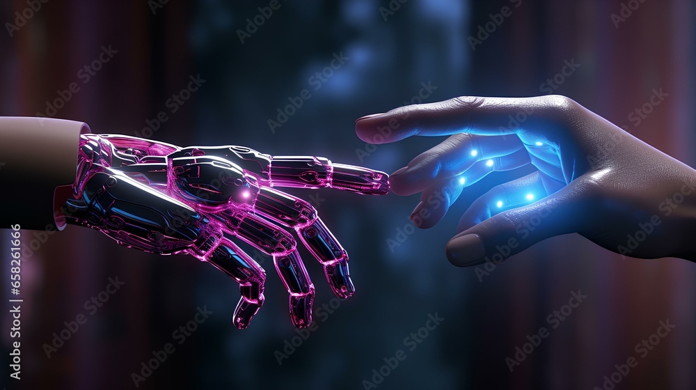 an android hand reaching out to a human's hand. concept of real life ...