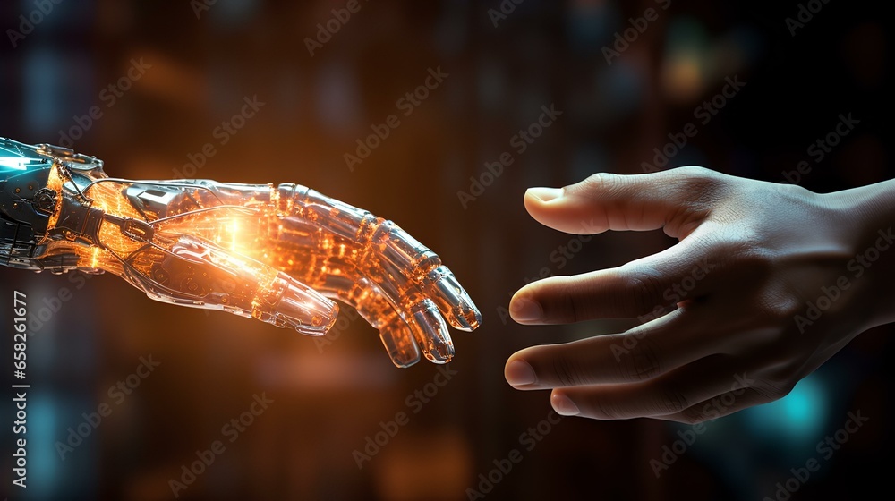 an android hand reaching out to a human's hand. concept of real life ...