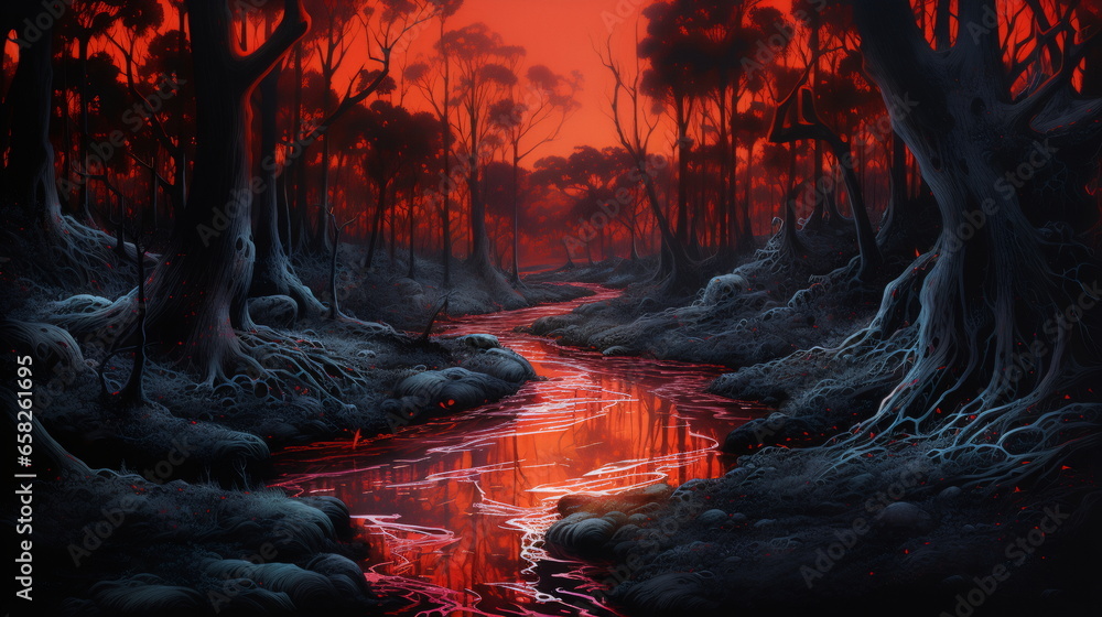 Nightmarish Forest Scene: Red Light Piercing Through Rocks, Australian ...