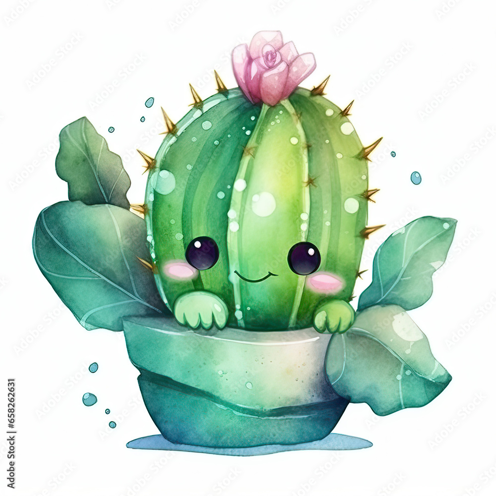 A sweet and cute watercolor cactus cartoon on a white background ...