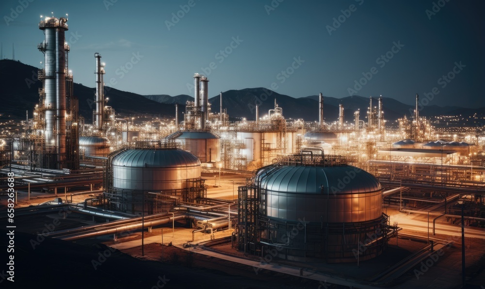 Modern industrial plant. Big oil tanks in refinery base. Storage of ...