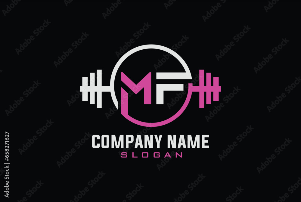 Letter M,F, FM OR MF Logo With barbell. Fitness Gym logo Vector. Stock ...