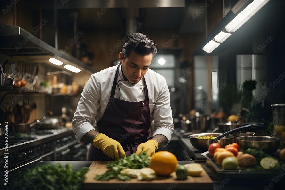 Chef profesional en la cocina de un elegante restaurante, con verduras ...