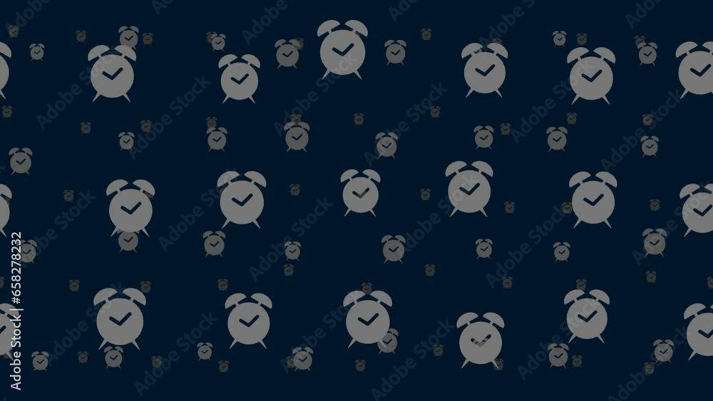 Alarm clock symbols float horizontally from left to right. Parallax fly effect. Floating symbols ...
