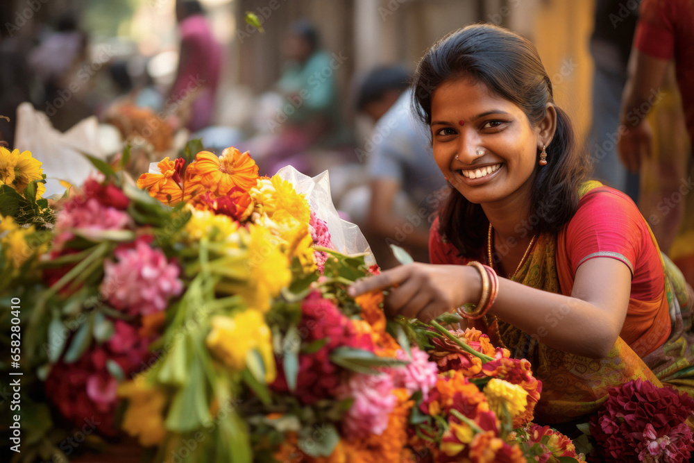 Floral Grace: An Indian Woman, Working as a Street Flower Vendor, Wears ...