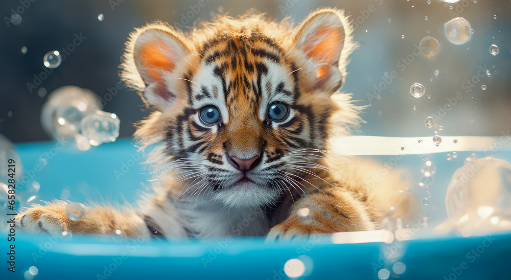 Cute young tiger puppy sitting in bathtub with towel in the background ...