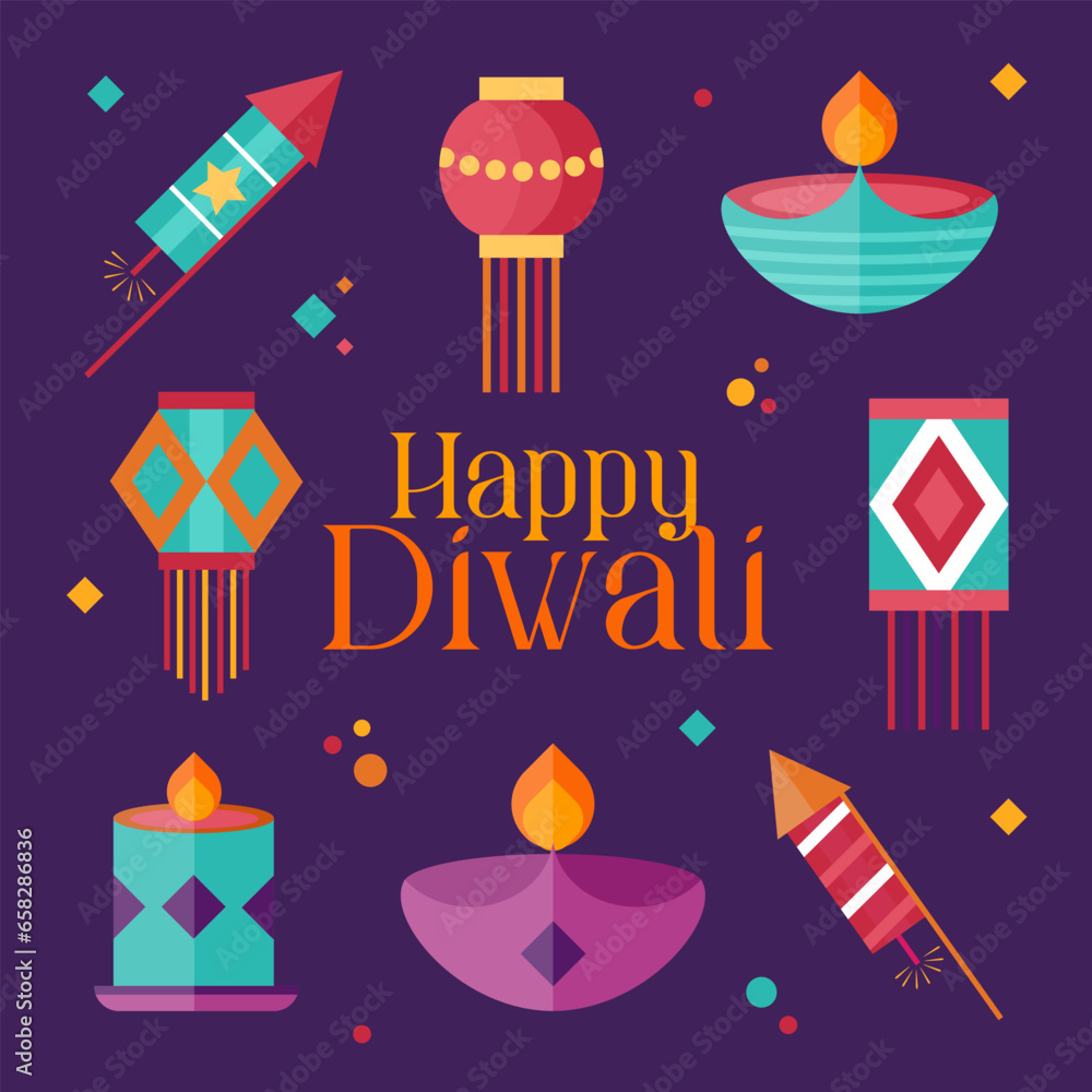 Diwali elements. Indian festival of lights icon set. Colorful deepavali ...