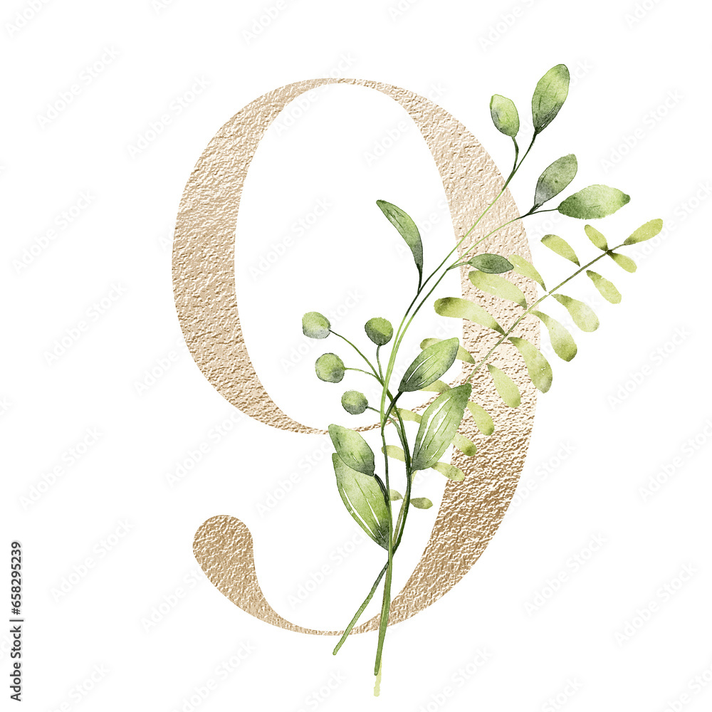 Number 9, nine with watercolor leaves hand painting. Perfectly for ...