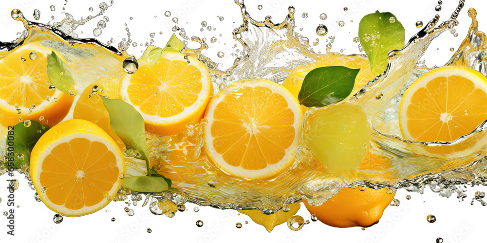 Lemon juice splash with lemon slice, droplets, and bubbles, isolated on ...