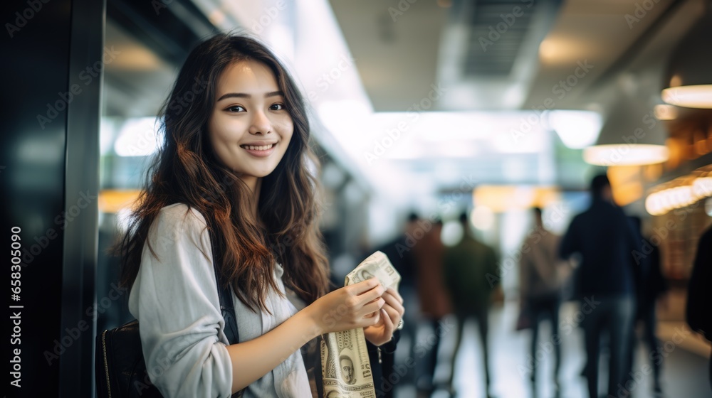 Finance and Shopping: Young woman holding hand full of cash, Portrait ...