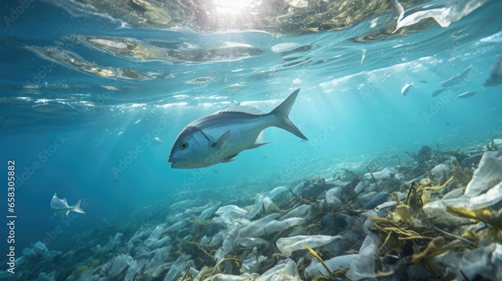 Fish swims among plastic ocean pollution. Environment Concept ...