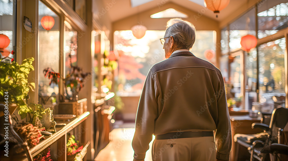 Older retired man walking inside his home. Concept of old age ...