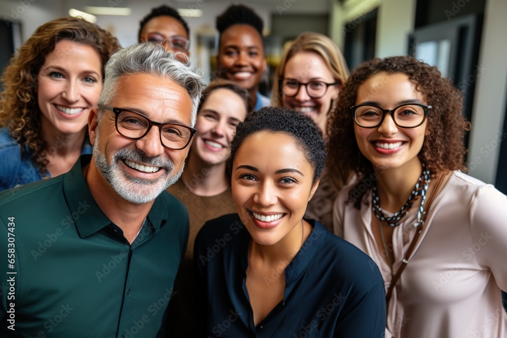Multicultural happy people taking group selfie portrait in the office ...