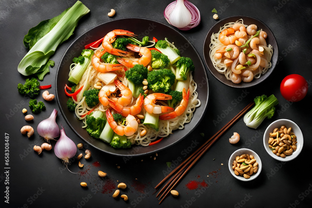 Flying wok ingredients - shrimp, vegetables, pak choi leaves, onions ...