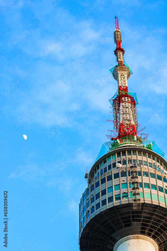 Namsan Tower. Closeup of Seoul Tower, the famous attraction on Namsan ...
