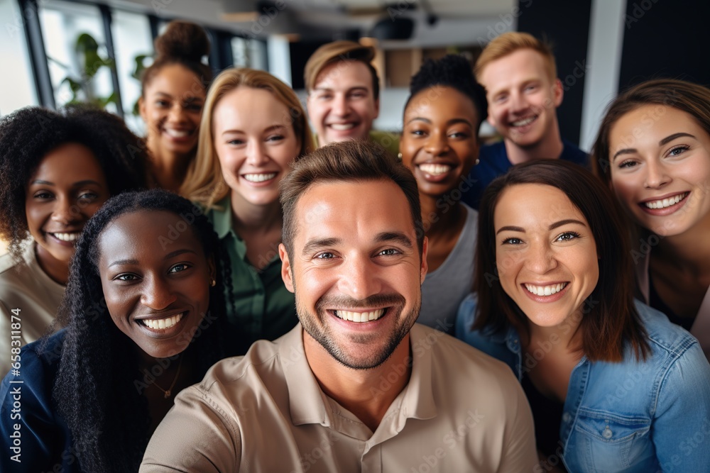 Multicultural happy people taking group selfie portrait in the office ...