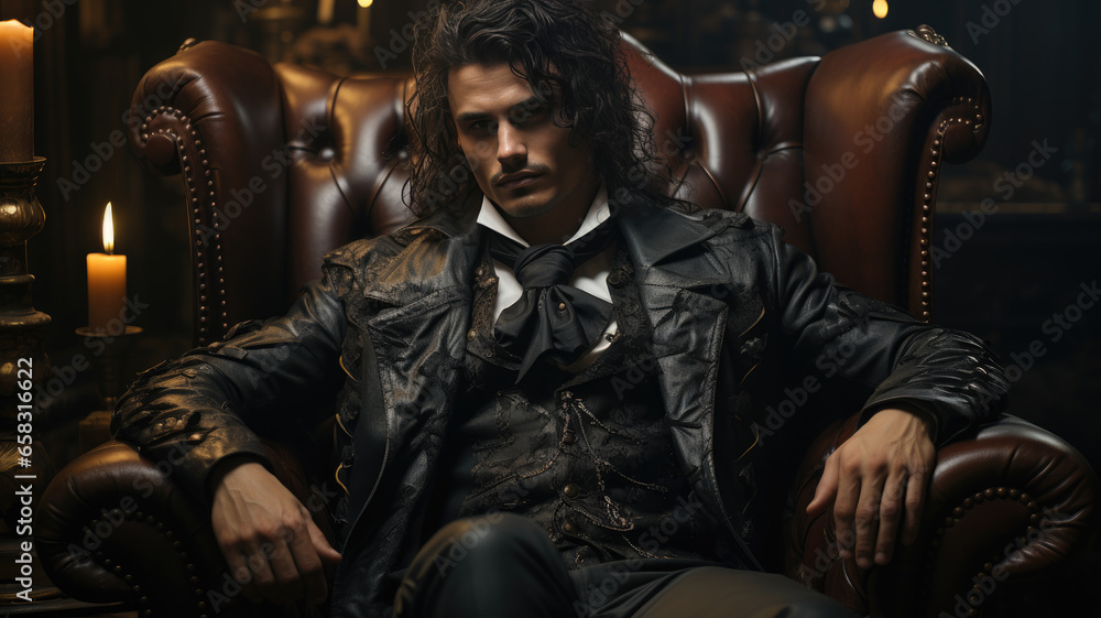 Vintage Male Model in Halloween Attire - Sitting in Chair with Classic ...