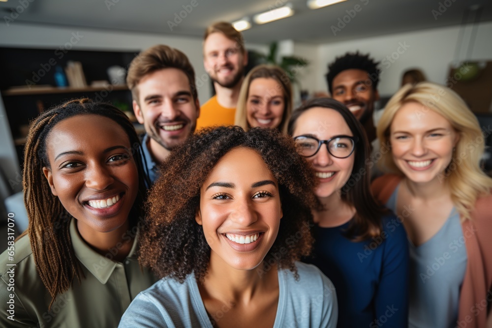 Multicultural happy people taking group selfie portrait in the office ...